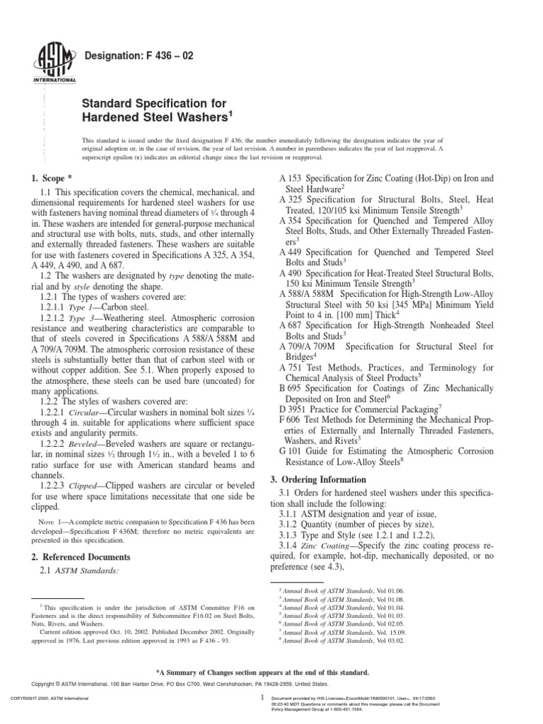Astm F436 | PDF | Washer (Hardware) | Screw