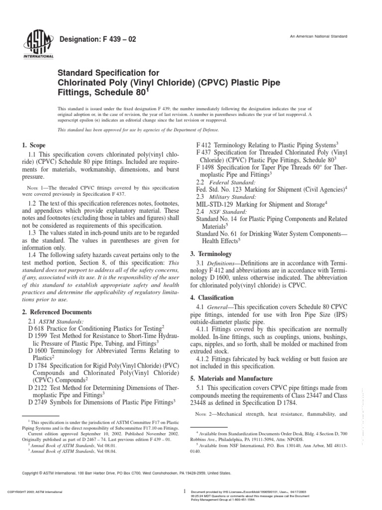 Astm F439 | Download Free PDF | Polyvinyl Chloride | Pipe (Fluid ...