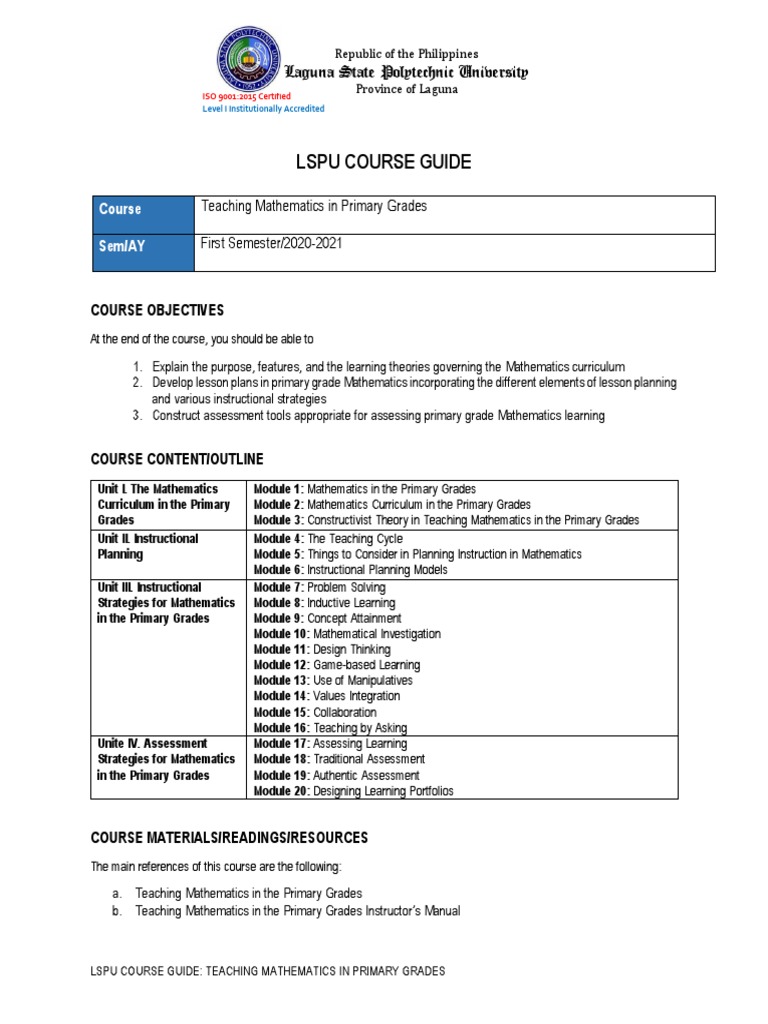 Course Guide - Teaching Mathematics in The Primary Grades | PDF ...