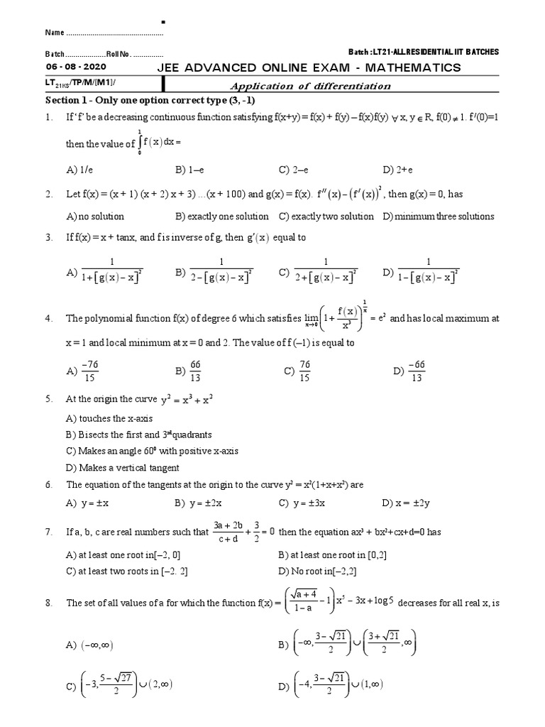 JEE Advanced Math Differentiation Exam | PDF | Zero Of A Function ...