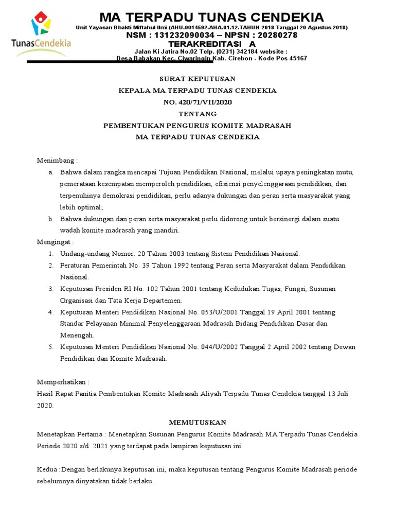 Contoh Sk Komite Sekolah Sd Smp Sma Smk Terbaru Format Microsoft Word Pdf