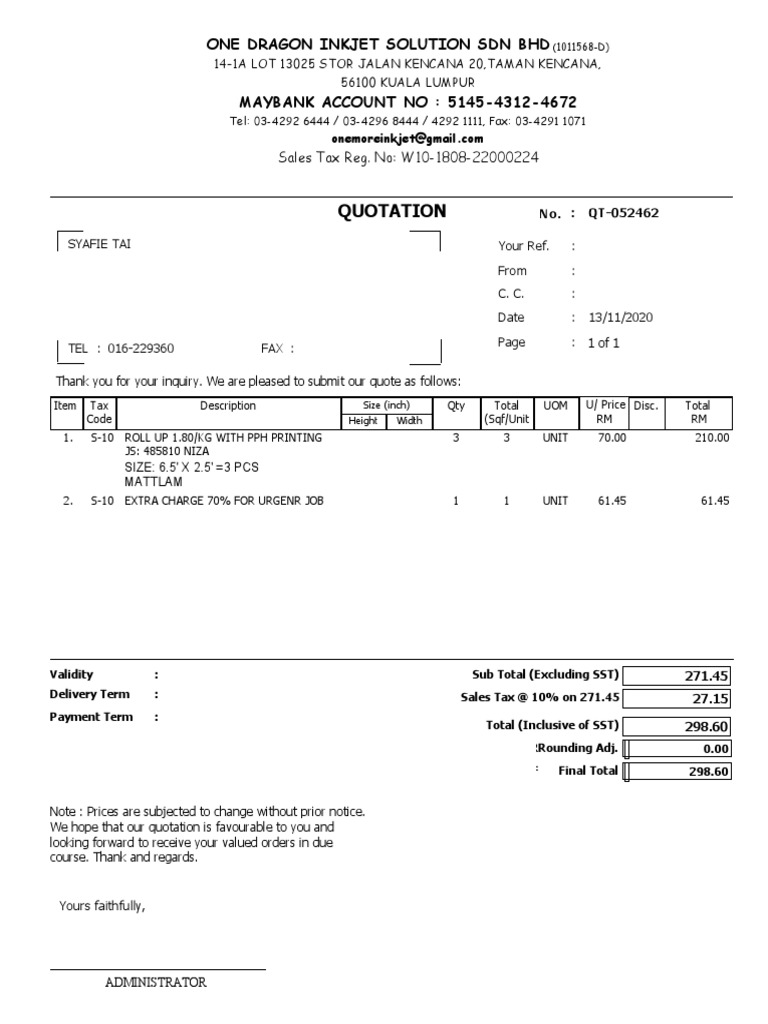 Quotation Kedai Printing | PDF | Payments | Business