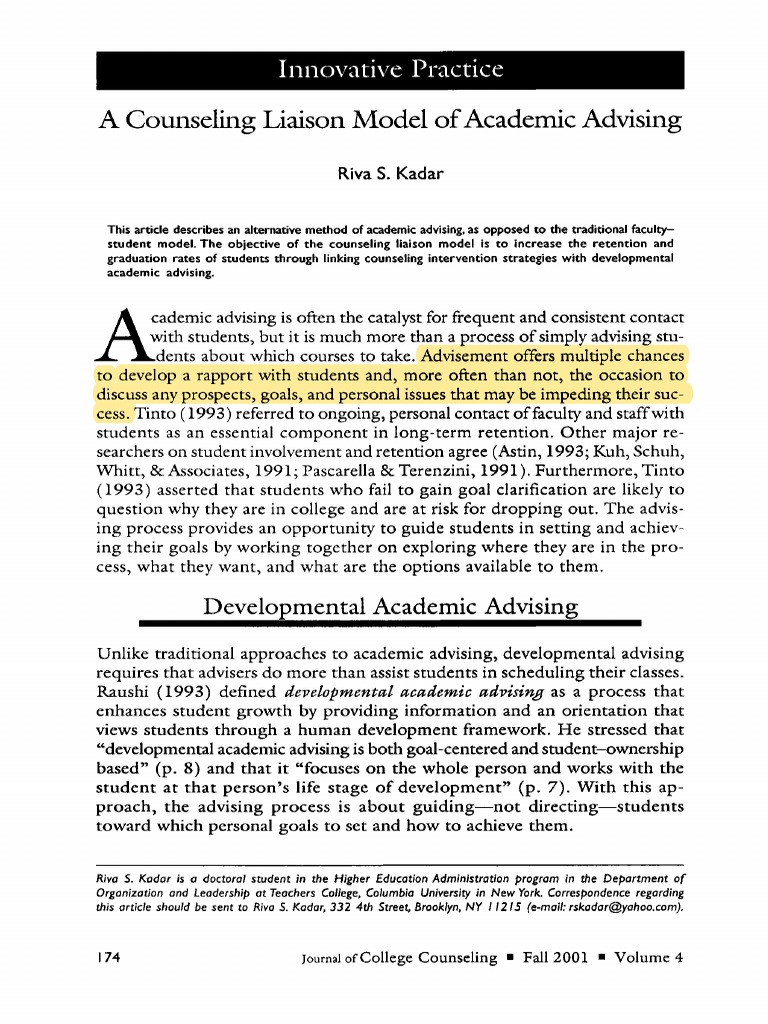 A Counseling Liaison Model of Academic Advising | PDF | School ...