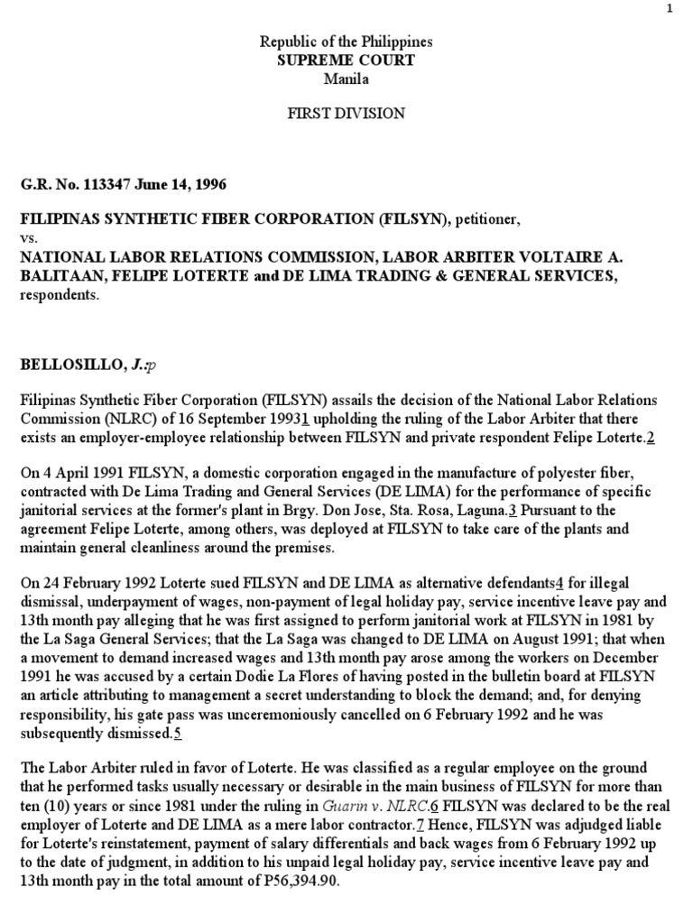30 - Filipinas Synthetic Fiber Corporation vs. NLRC Et Al. | PDF | Employment | Labour Law
