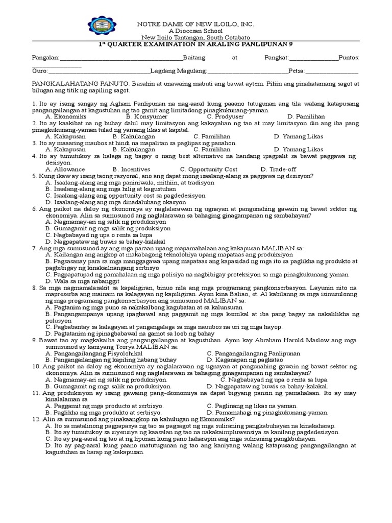 1st Quarter Exam - AP9 | PDF