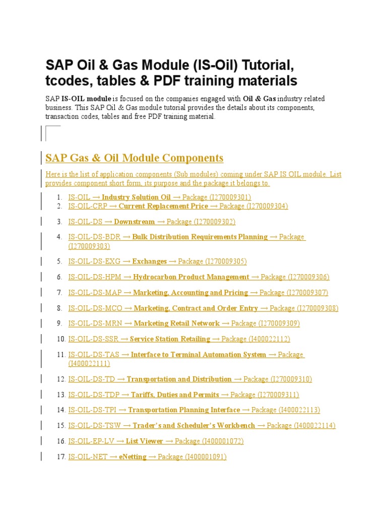 SAP Oil & Gas Module (IS-Oil) Tutorial, Tcodes, Tables & PDF Training Materials | PDF | Business ...