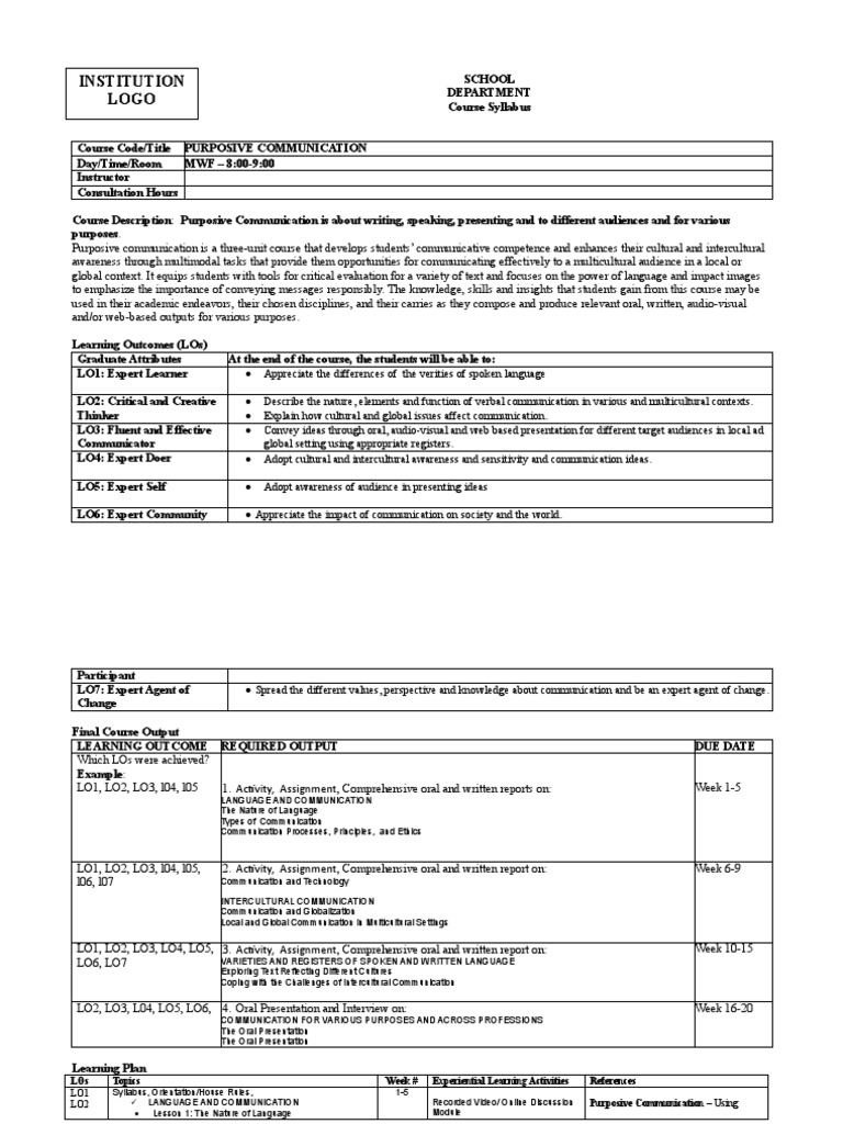 Syllabus Purposive Communication | PDF | Cross Cultural Communication ...