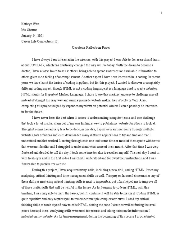 Capstone Reflection Paper 1 | PDF | Html | Time Management