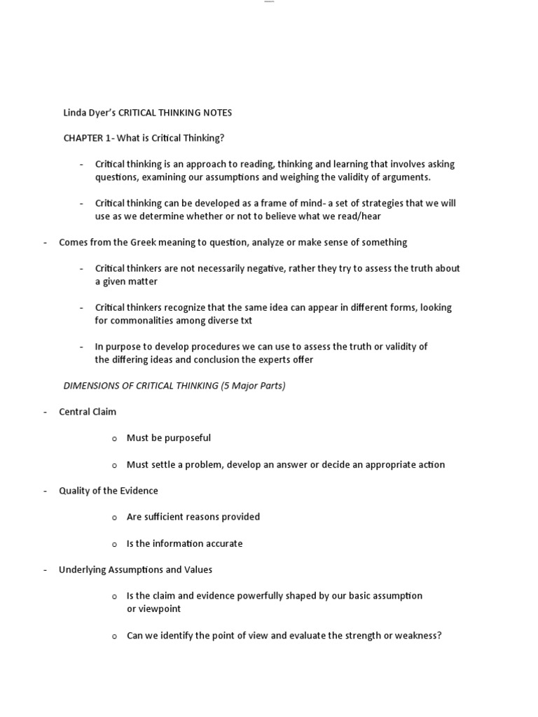 Linda Dyer's Critical Thinking Notes | PDF | Critical Thinking | Causality