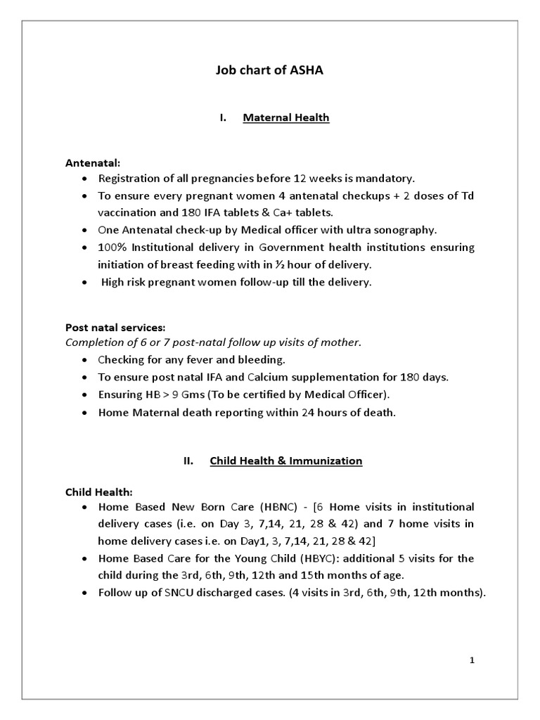 Job Chart of ASHA: I. Maternal Health | PDF | Maternal Health | Childbirth