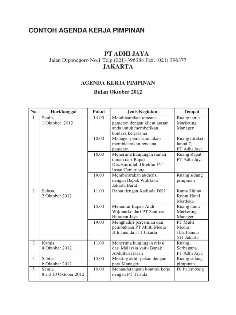 Contoh Agenda Kerja Pimpinan | PDF