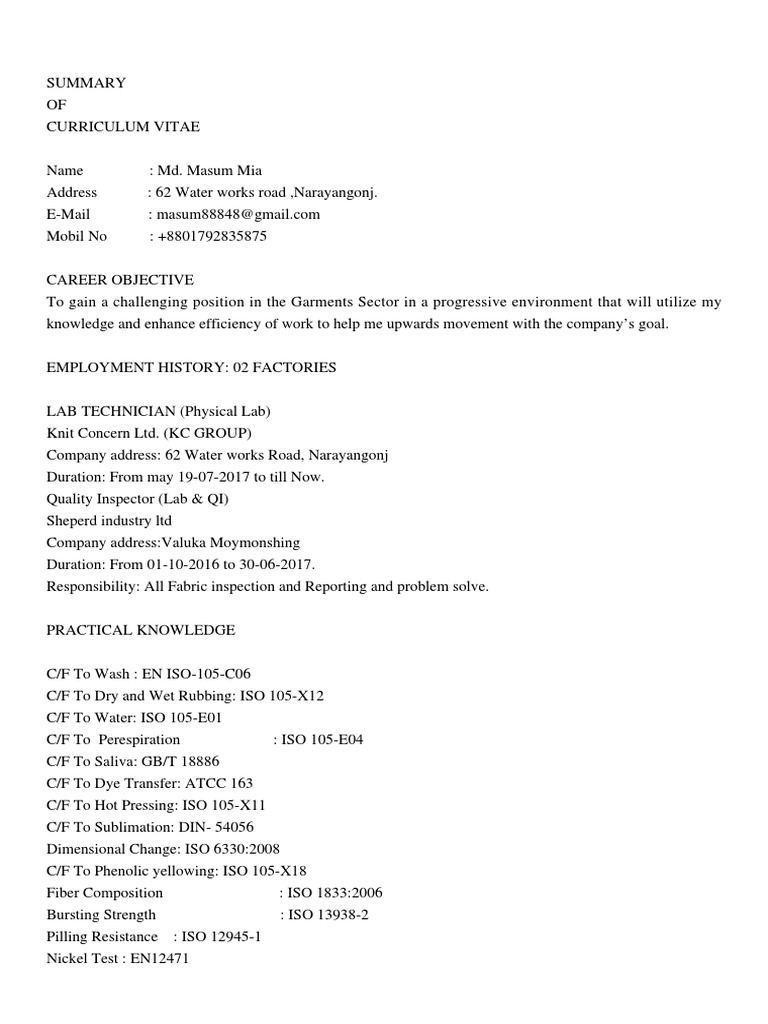 CV of .... Masum PDF | PDF | Yarn | Textiles