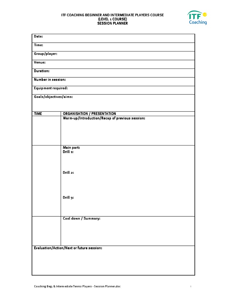 Coaching Beg. Intermediate Tennis Players - Session Planner | PDF