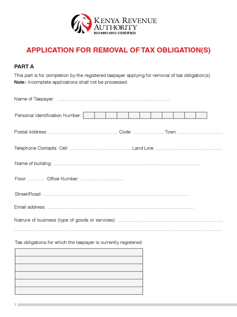 Application For Removal of Tax Obligation (S) : Part A | PDF ...