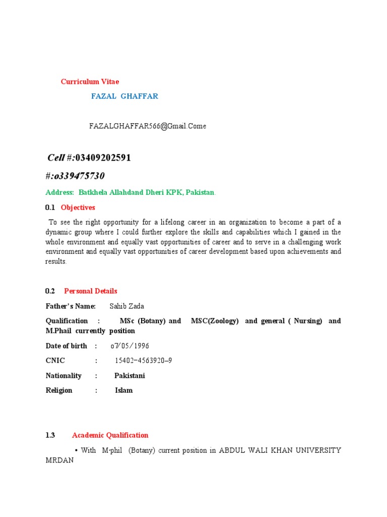 Dr. Fazal Ghaffar's CV Overview | PDF | Pakistan | Biology