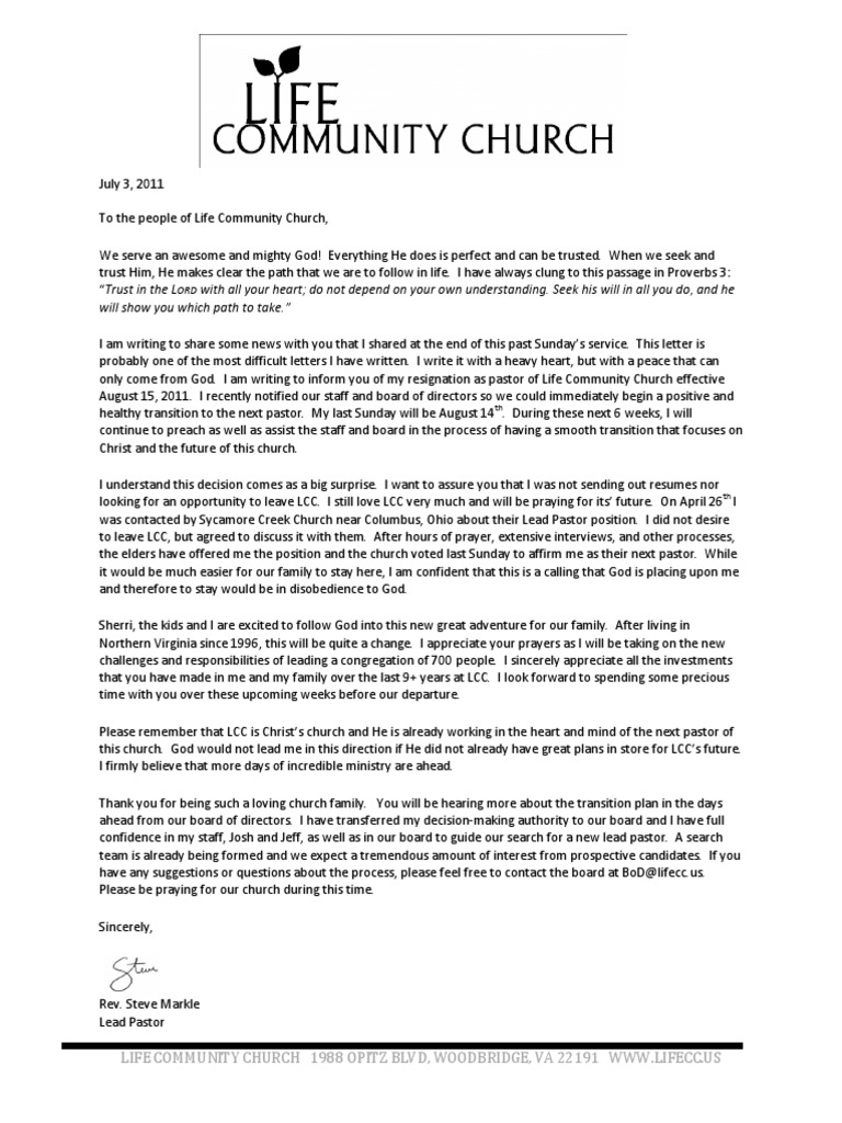 Church Resignation Letter Example | PDF | Christian Denominational ...