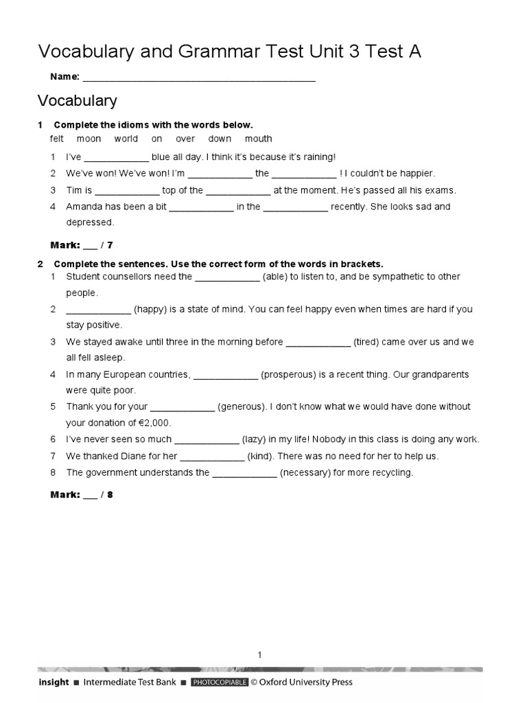 Unit 3 Vocabulary and Grammar Test A | PDF