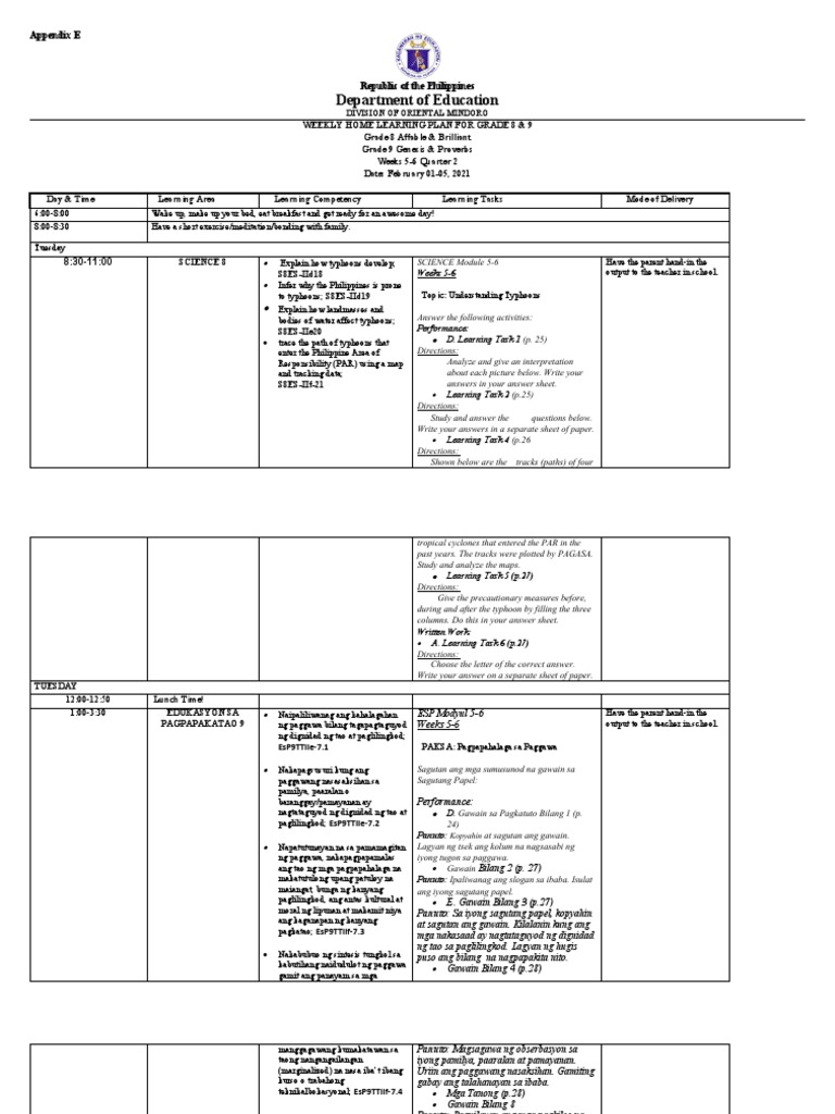 WEEKLY-HOME-LEARNING-PLAN Send To Mam Pam | PDF | Typhoon | Tropical ...