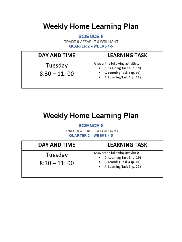 Weekly Home Learning Pla1 | PDF