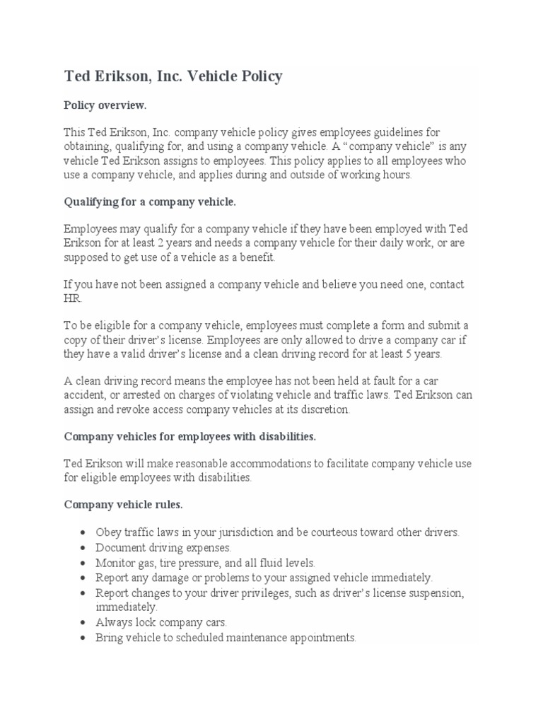 Ted Erikson Company-Vehicle-Policy | PDF | Vehicles | Driver's License