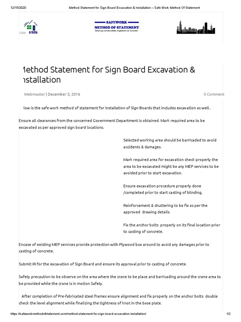 Method Statement For Sign Board Excavation & Installation - Safe Work ...