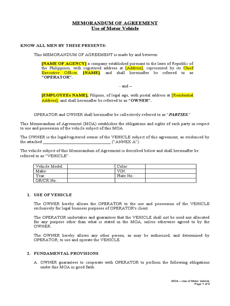 Vehicle Use Agreement Memorandum | PDF | Business