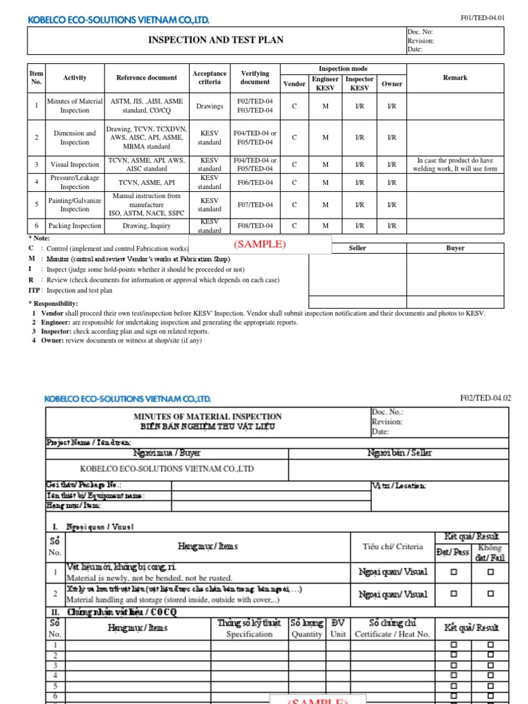 Inspection and Test Plan: (Sample) | PDF