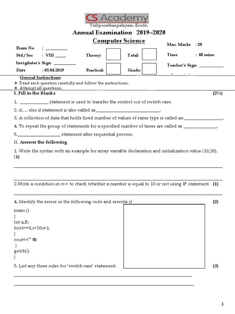 Annual Examination 2019 2020 Computer Science: I. Fill in The Blanks (2 ...