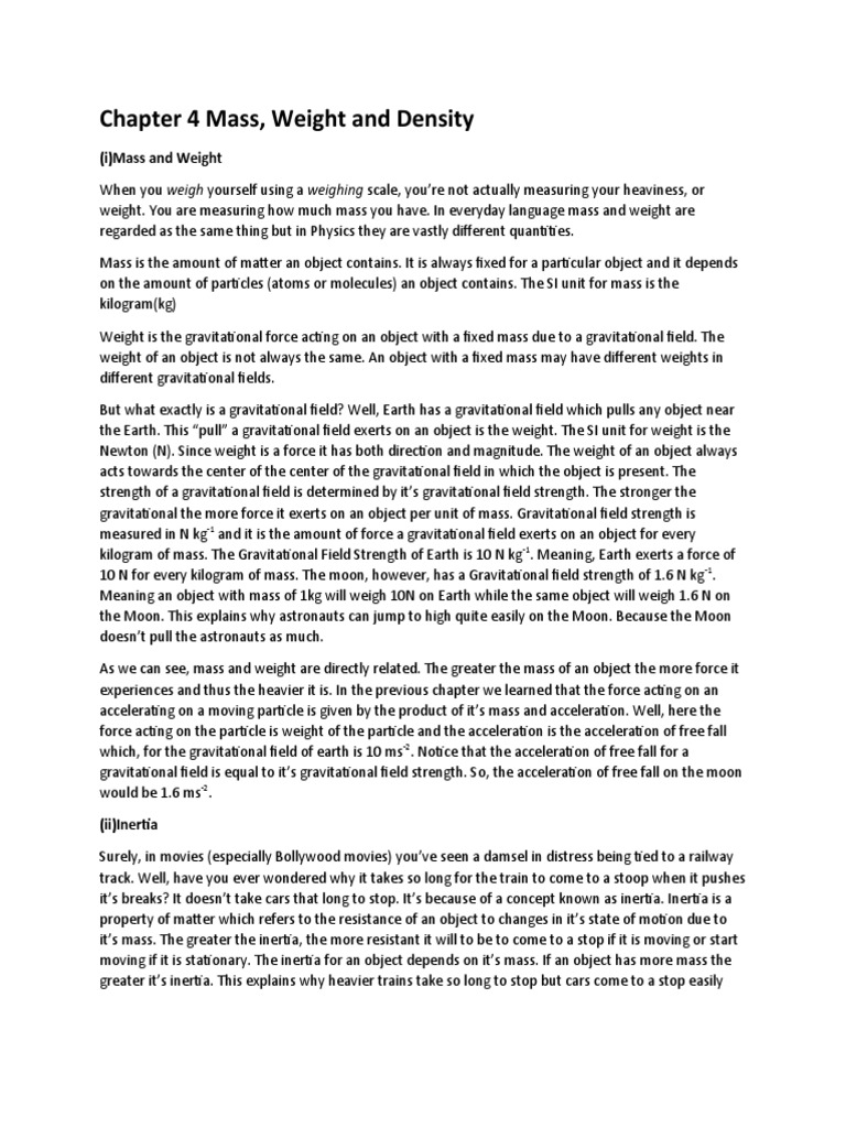 Mass, Weight and Density Physics Notes | PDF | Weight | Mass