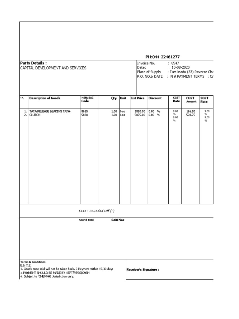 Invoice for the Sale of Automotive Parts Including TATA Release Bearing ...