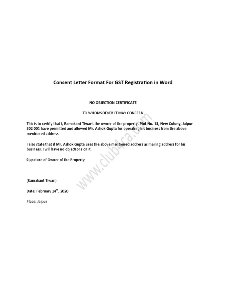 GST Registration Consent Letter Format PDF