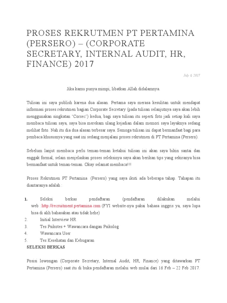 Proses Rekrutmen PT Pertamina | PDF