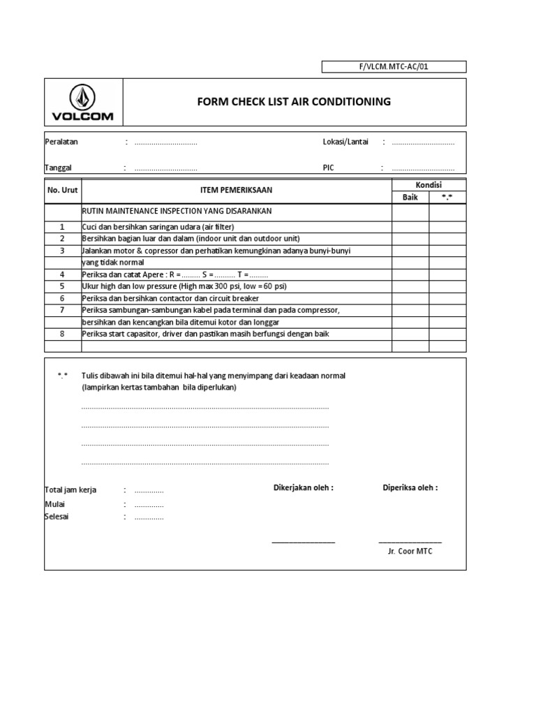 Form Pengecekan Ac | PDF