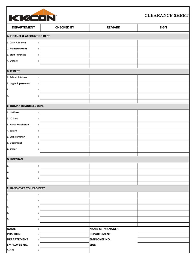 Departement Checked by Remark Sign: Clearance Sheet | PDF