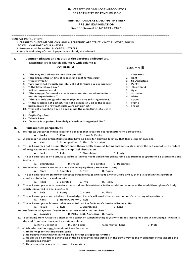 Gen Ed: Understanding The Self Prelim Examination: University of San ...