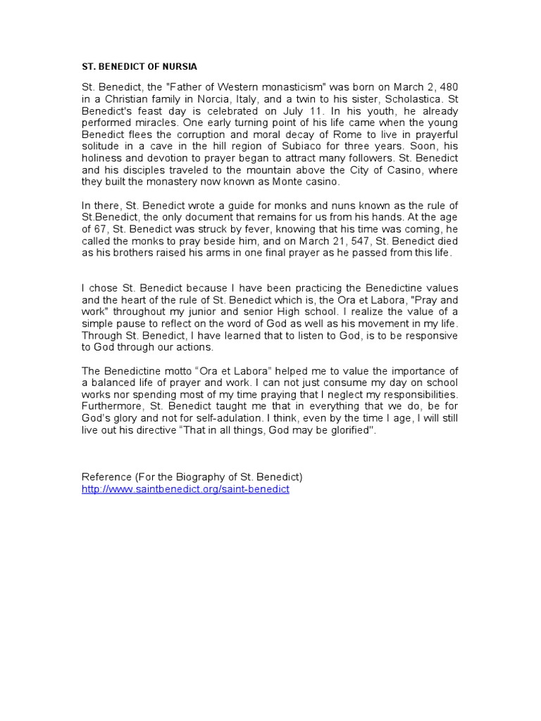 Summary of ST - Benedict Life | PDF