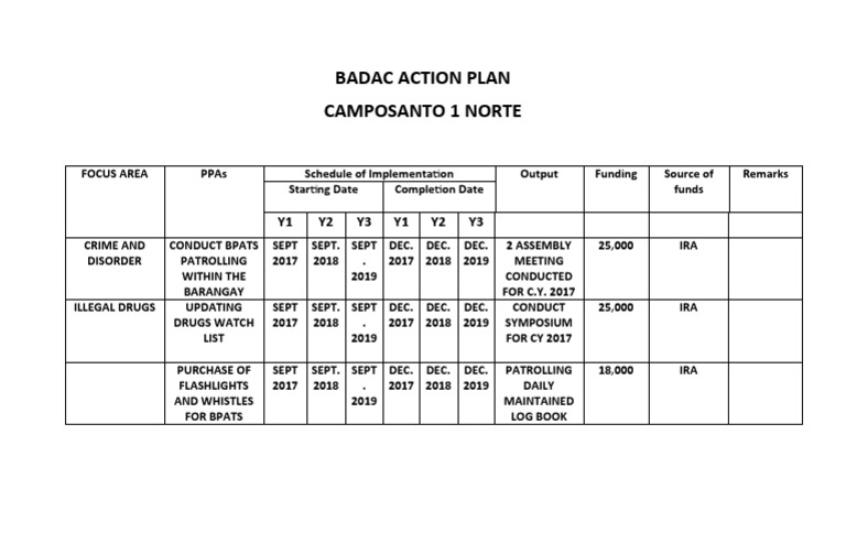 Badac Action Plan Camposanto 1 Norte: Y1 Y2 Y3 Y1 Y2 Y3 | PDF