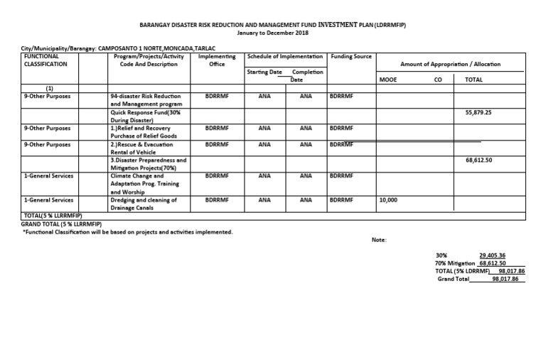 Barangay Disaster Risk Reduction and Management Fund Investment Plan ...