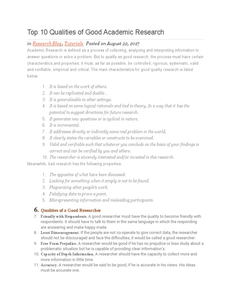 Top 10 Qualities of Good Academic Research | Download Free PDF ...