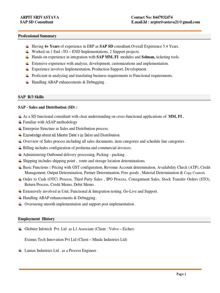 Arpit - SAP SD Resume | Download Free PDF | Sales | Invoice