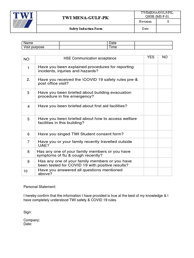 QHSE-F1 - Safety Induction Confirmation Form | PDF