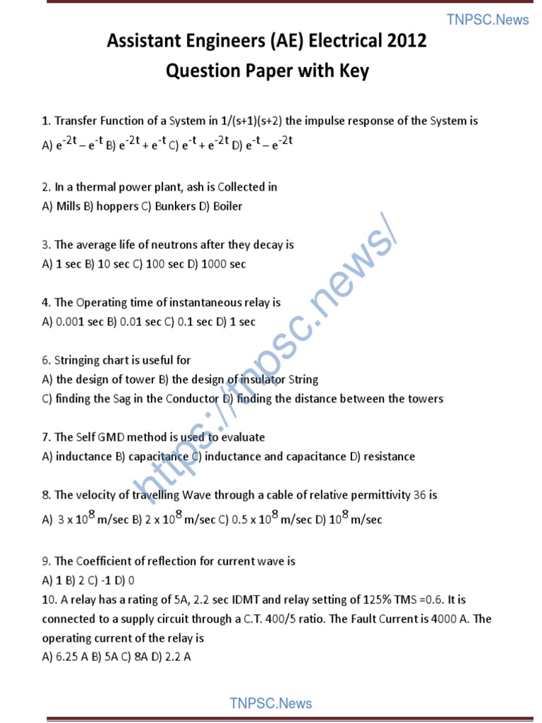 Assistant Engineers (AE) Electrical 2012 Question Paper With Key | PDF ...