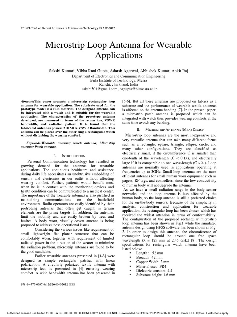 Microstrip Loop Antenna For Wearable Applications | PDF | Antenna ...