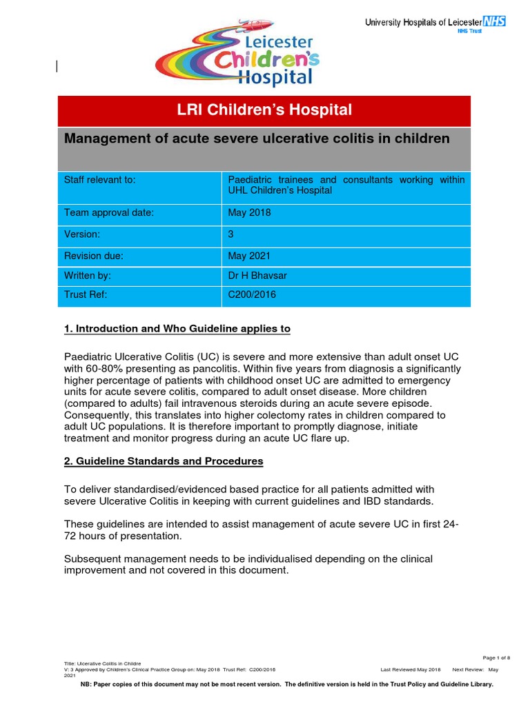Severe Ulcerative Colitis UHL Childrens Medical Guideline | PDF ...