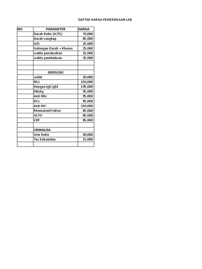 Daftar Harga Cek LAB | PDF