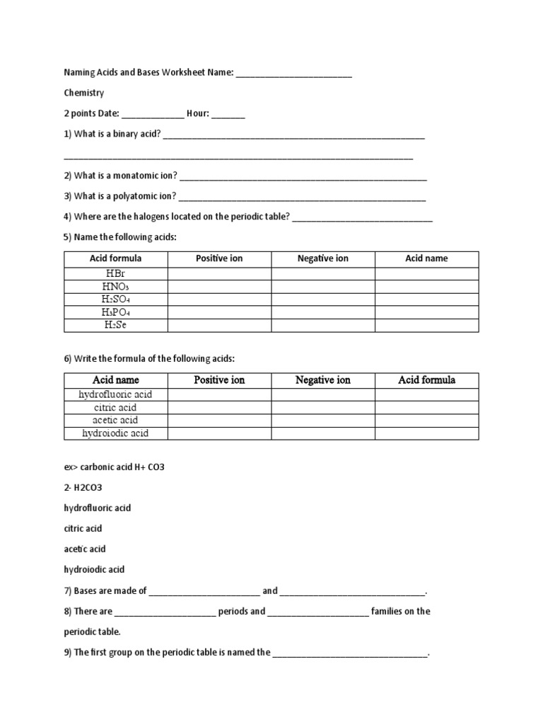 Acids and Bases Naming Worksheet | PDF