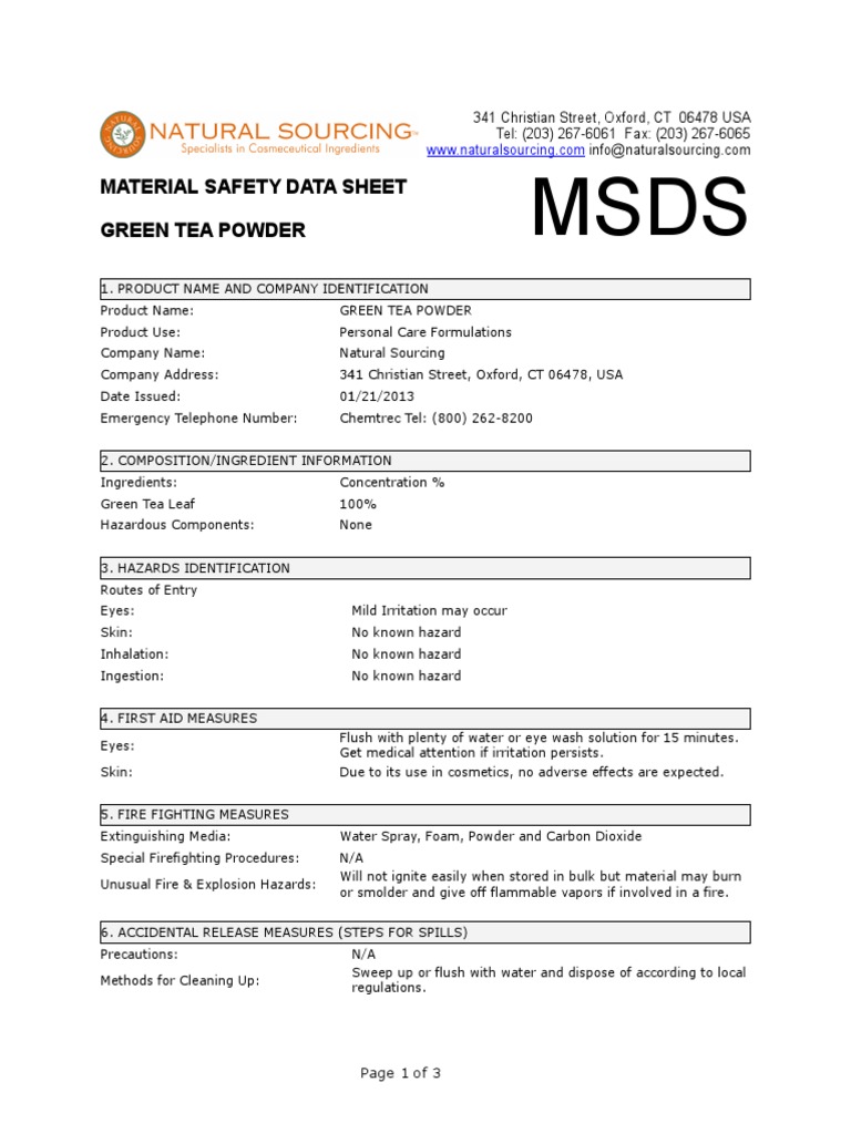 Material Safety Data Sheet Green Tea Powder | PDF