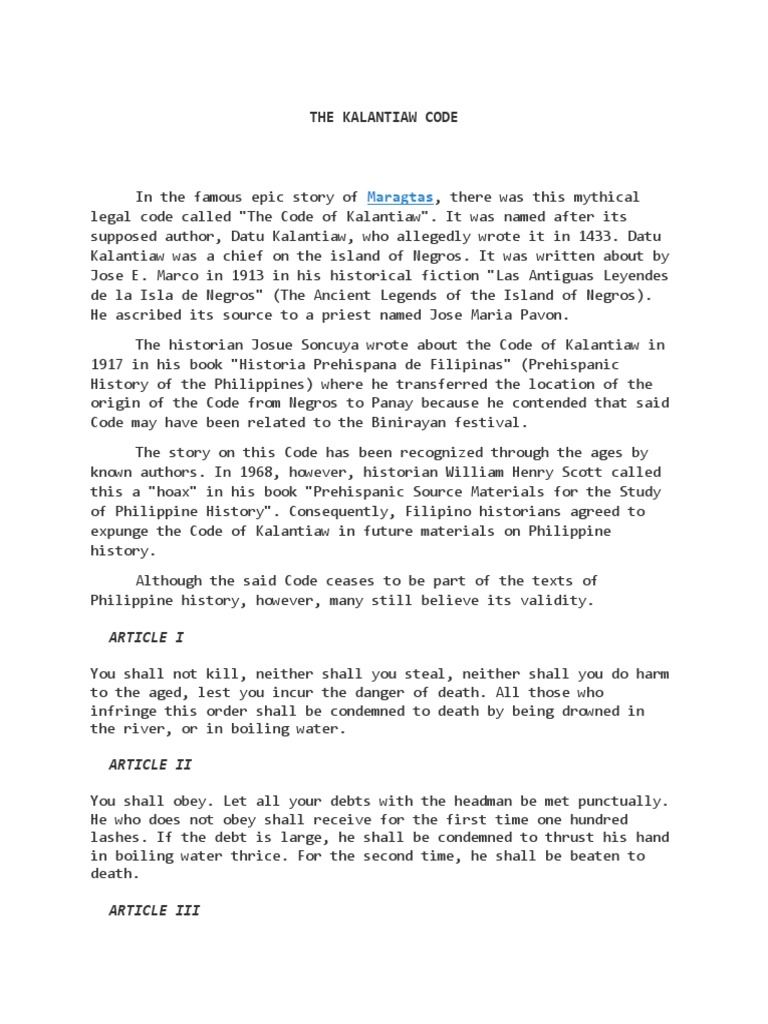 The Kalantiaw Code | PDF | Philippines