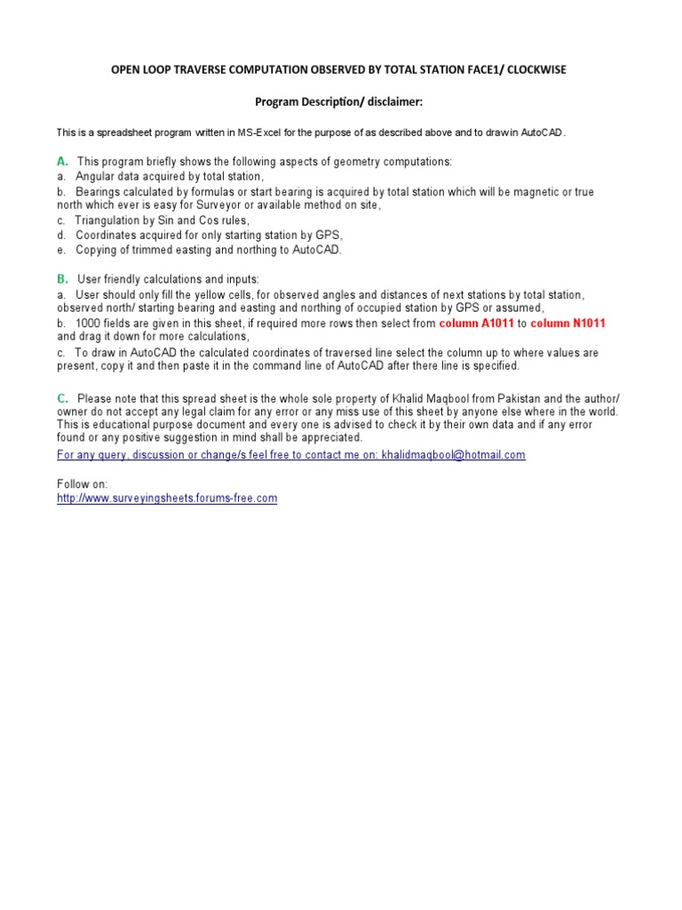 Open Traverse Calculation Sheet | PDF | Spreadsheet | Computer Science