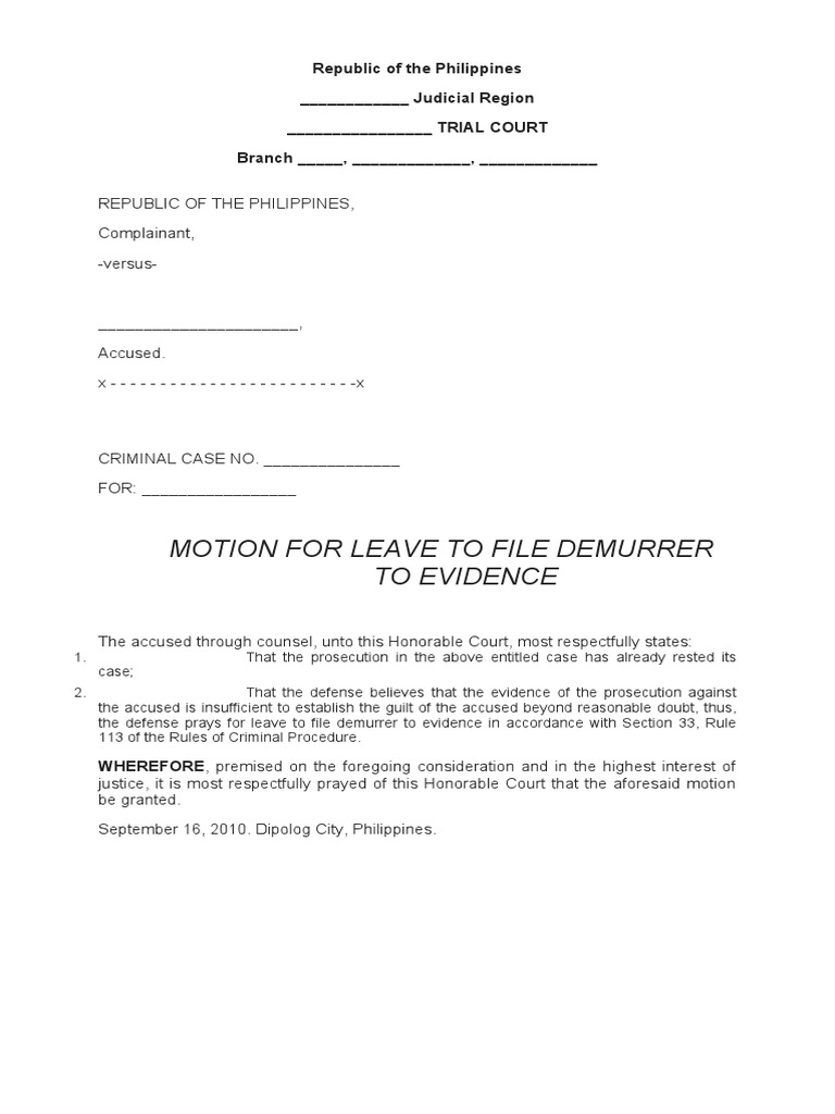 Motion For Leave To File Demurrer To Evidence | PDF